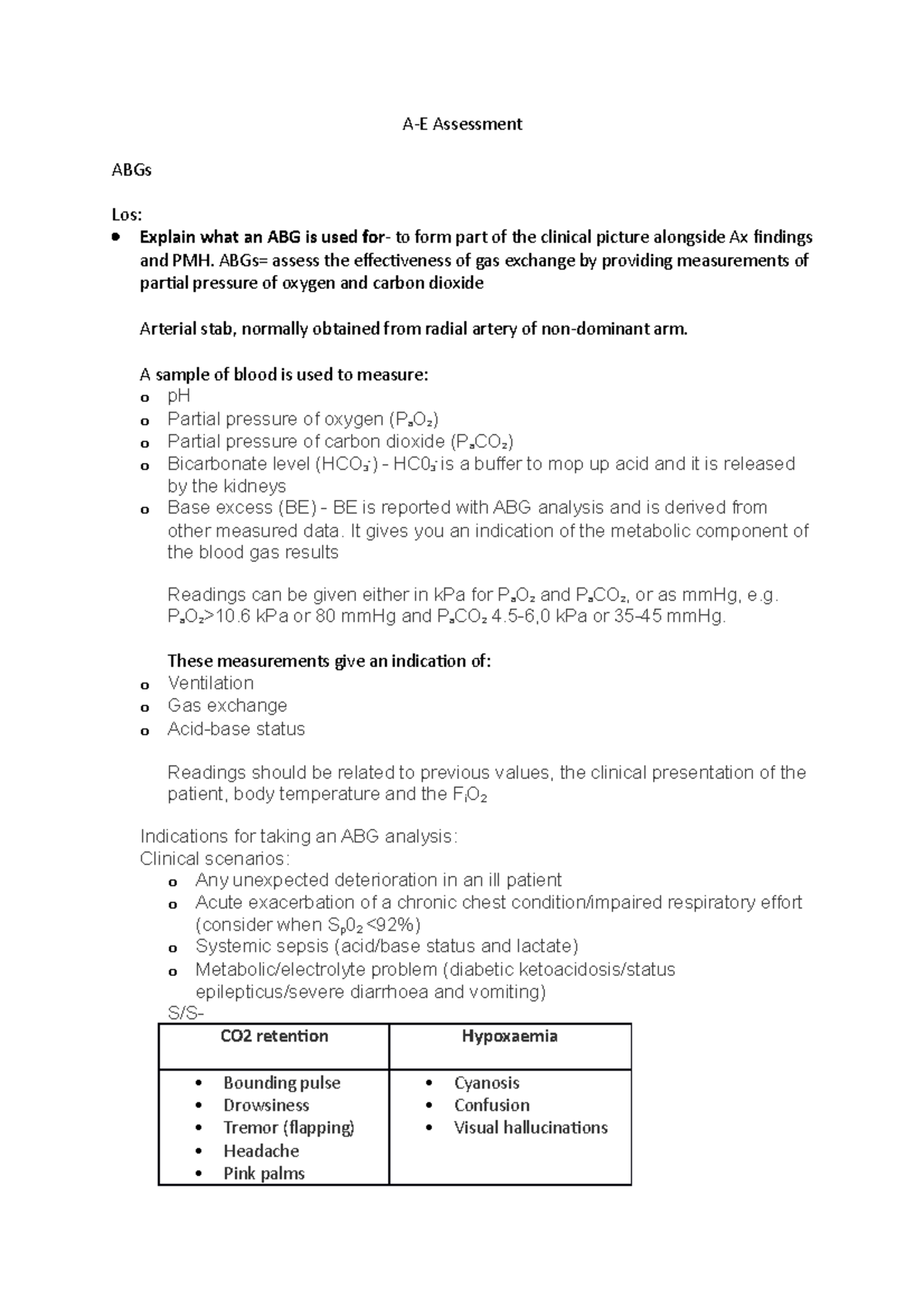 A-E assessment new - A-E Assessment ABGs Los: Explain what an ABG is ...