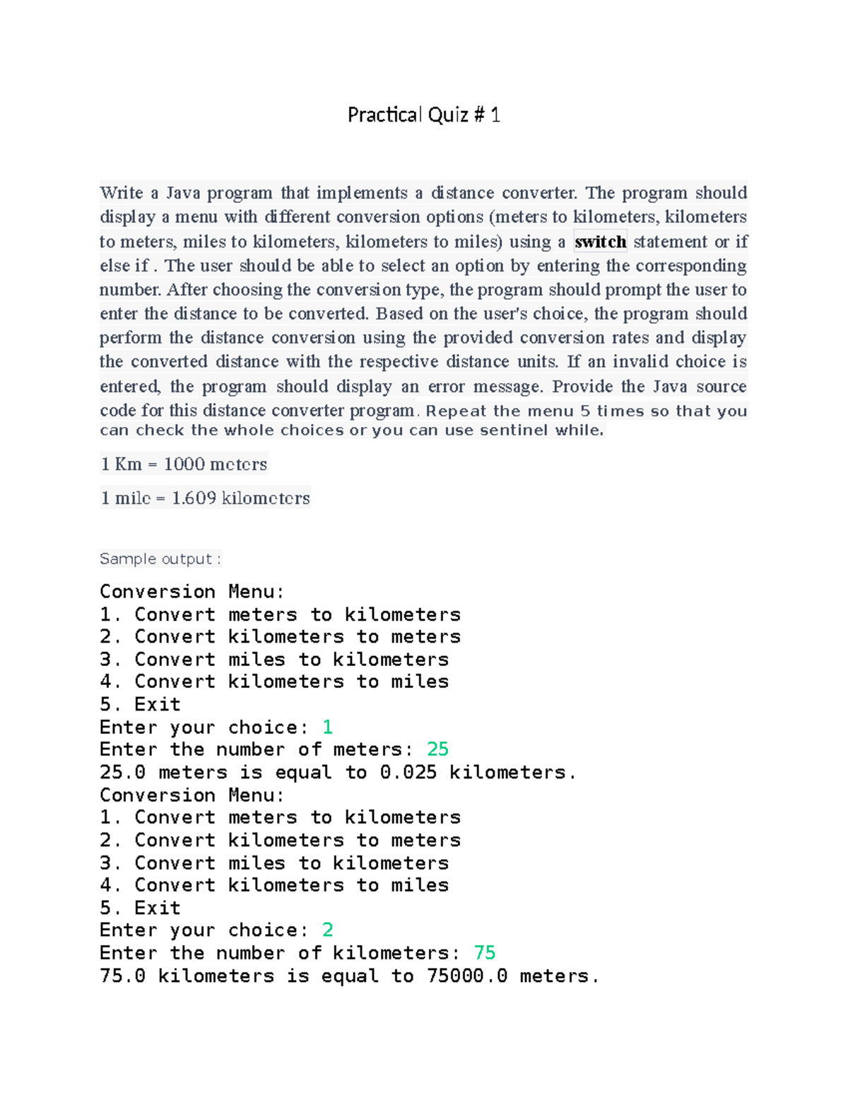 Practical Quiz23-24 - Practical Quiz # 1 Write a Java program that ...