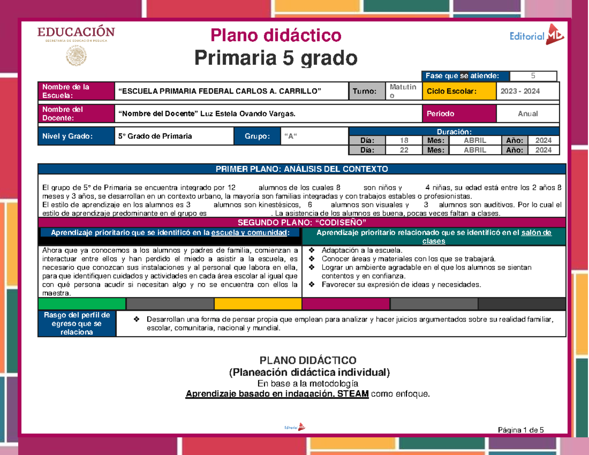 Planeacion 5to - espero les sirva - Plano didáctico Primaria 5 grado ...