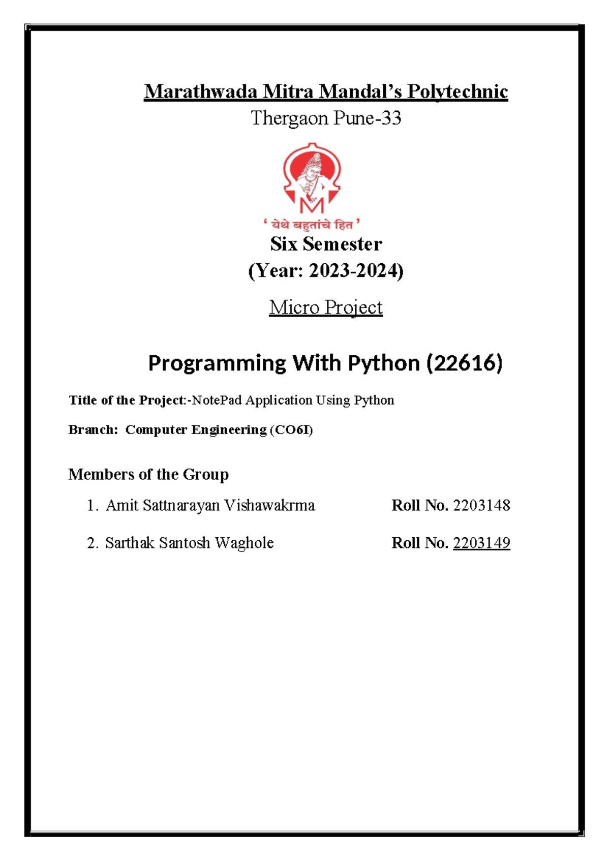 PYthon CO-6I - Marathwada Mitra Mandal’s Polytechnic Thergaon Pune- Six Semester (Year: 2023 ...