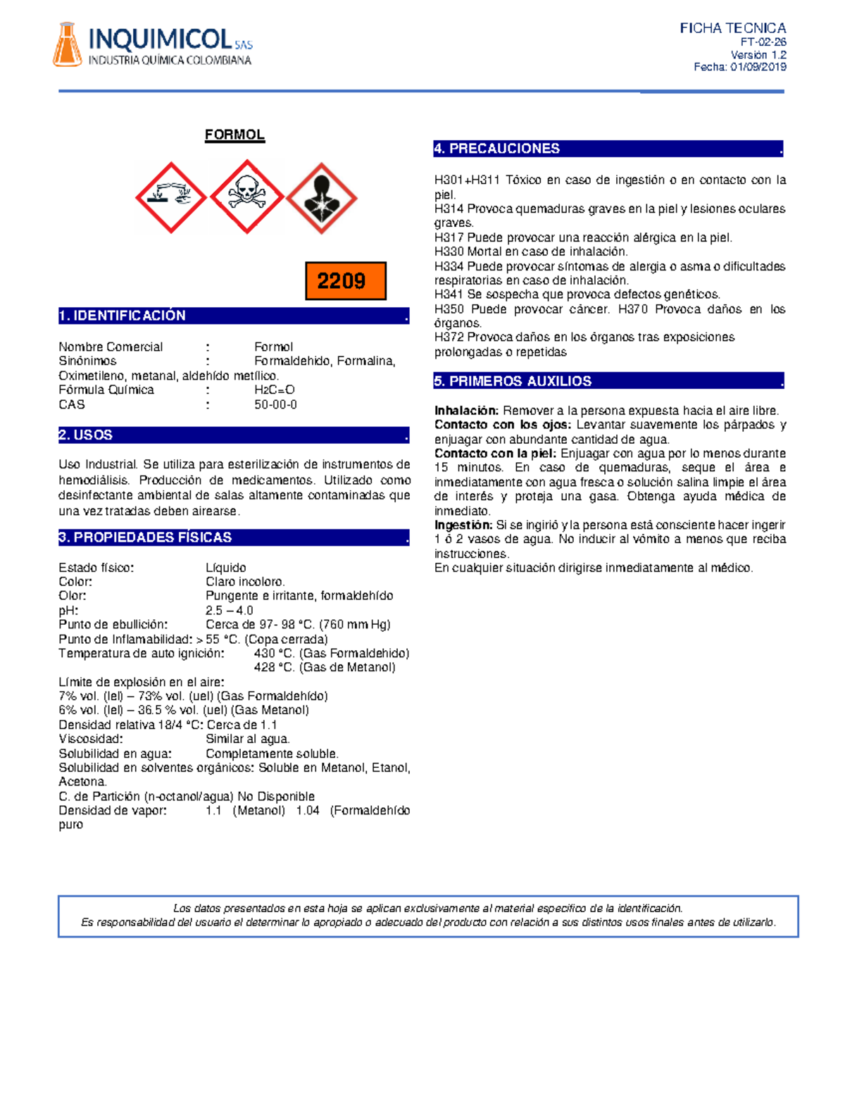 FT-02-26 Formol 1 - fichas tecnicas - FICHA TECNICA FT-02- Versión 1 ...