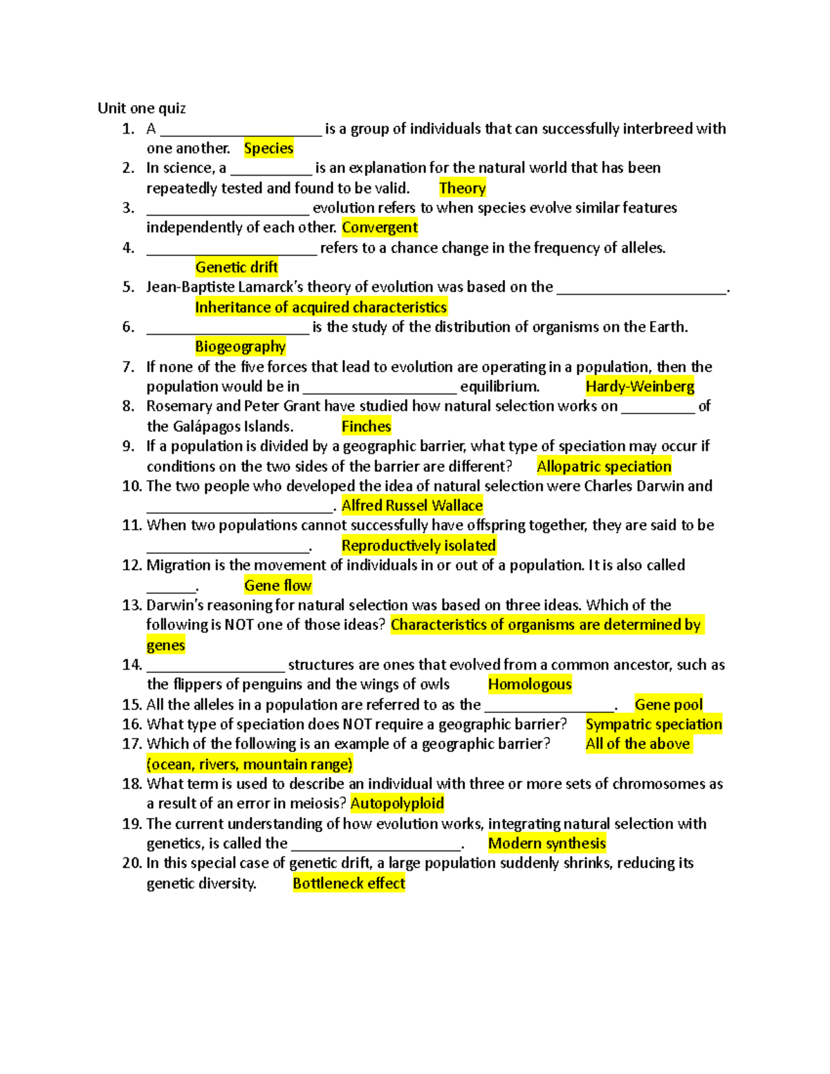 Bio 1012k Unit 1 study guide - Unit one quiz 1. A ____________________ is a group of individuals ...