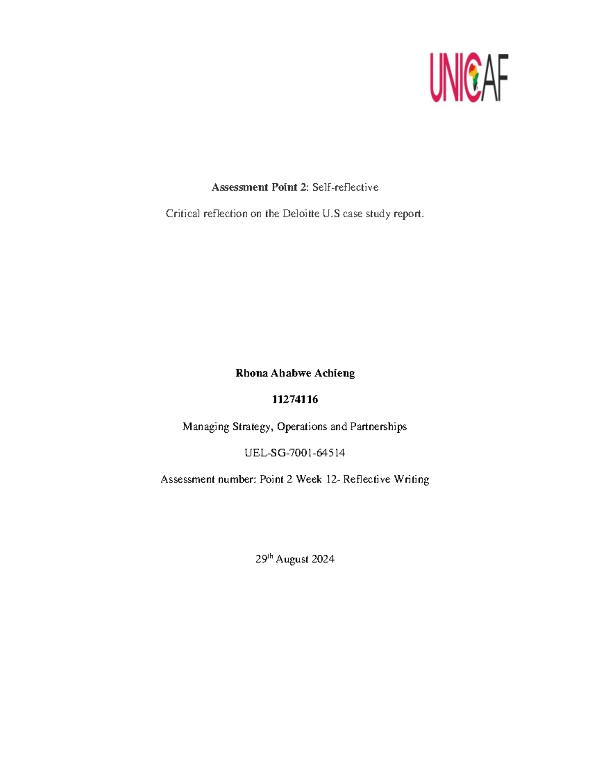 Assessment Point 2 Written Assignment -Self-reflective - Rhona Ahabwe ...