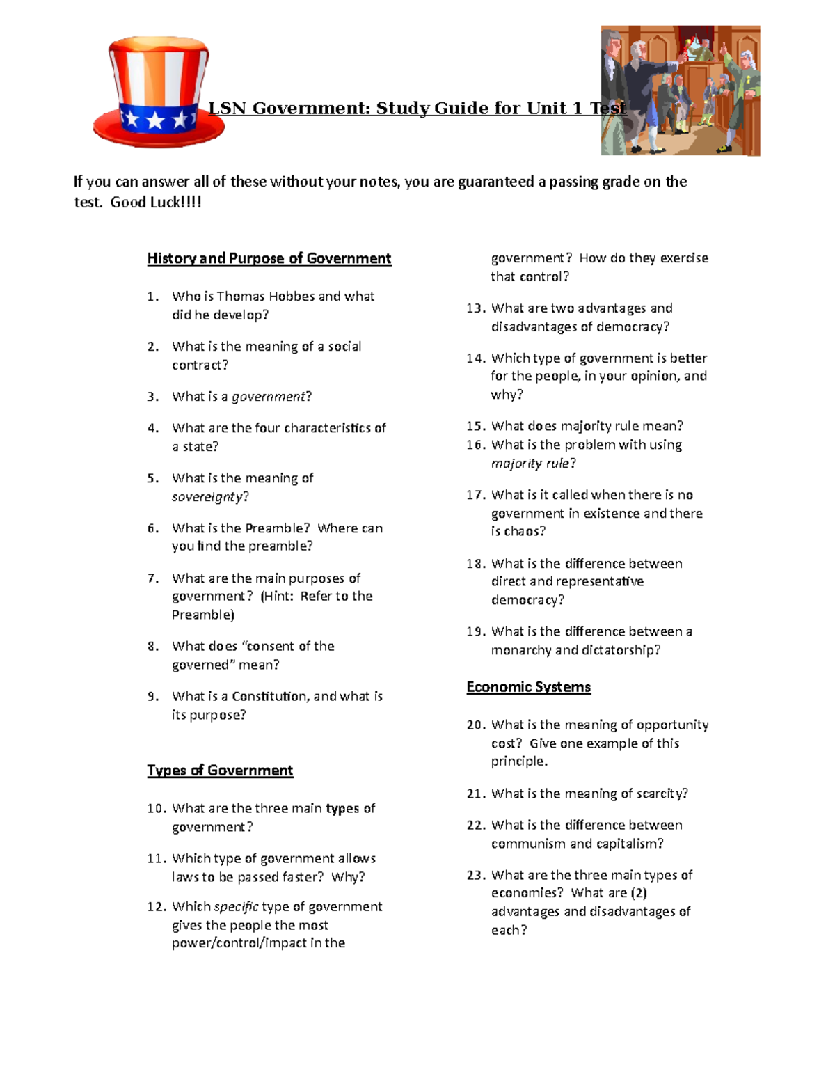 Unit 1 study guide alternate - LSN Government: Study Guide for Unit 1 ...