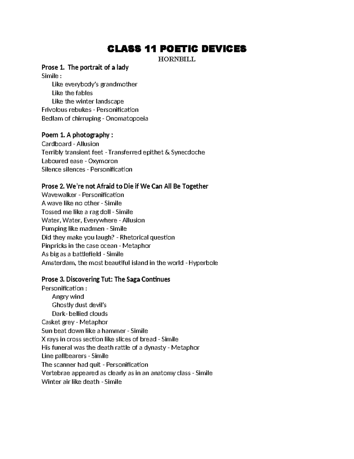 Class 11 Poetic Device - CLASS 11 POETIC DEVICES HORNBILL Prose 1. The ...