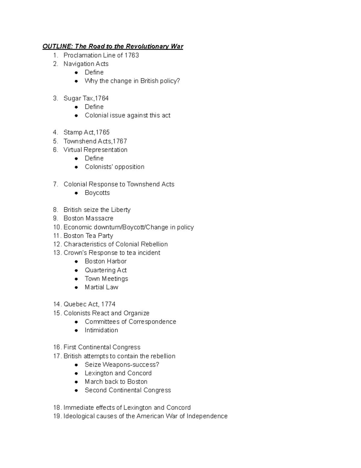 Outline The Road to the Revolutionary War - OUTLINE: The Road to the ...