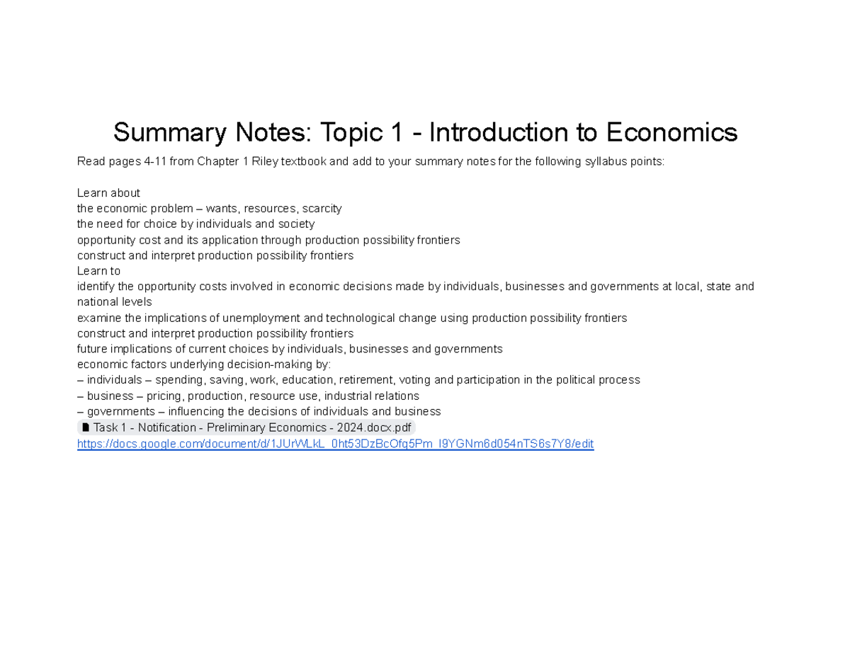 Topic 1 - Summary Notes: Topic 1 - Introduction to Economics Read pages ...