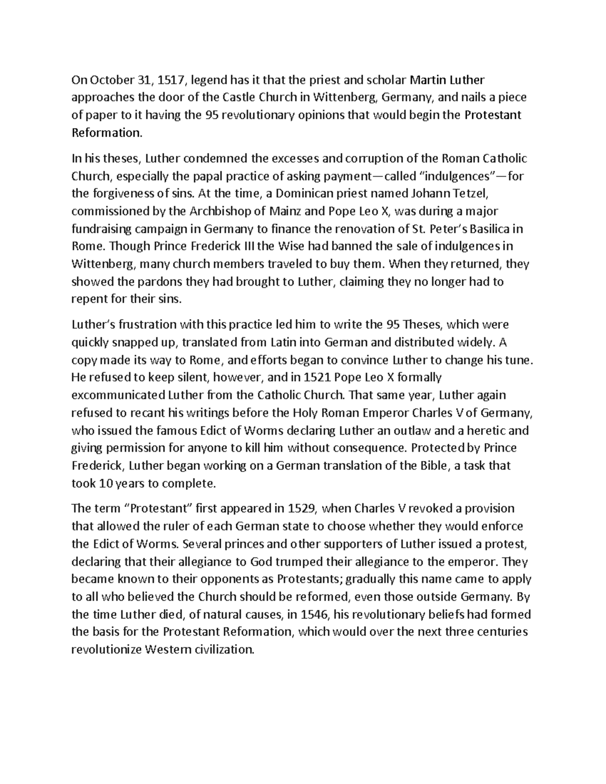Martian Luther - Notes - On October 31, 1517, legend has it that the ...