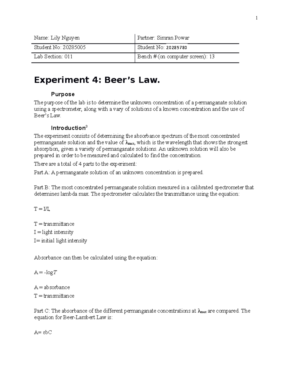 Beers Law Lab Report - Name: Lily Nguyen Partner: Simran Powar Student ...