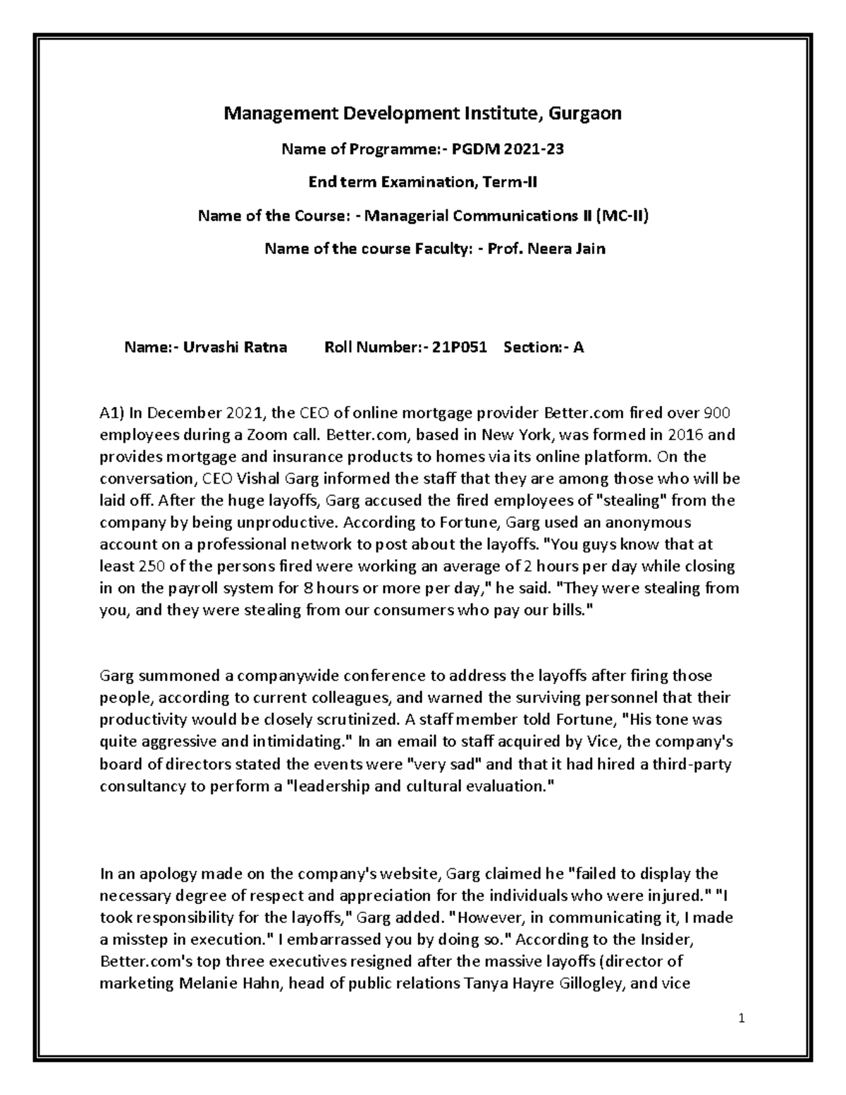 21P051 Urvashi Ratna ET MC-II - Management Development Institute ...