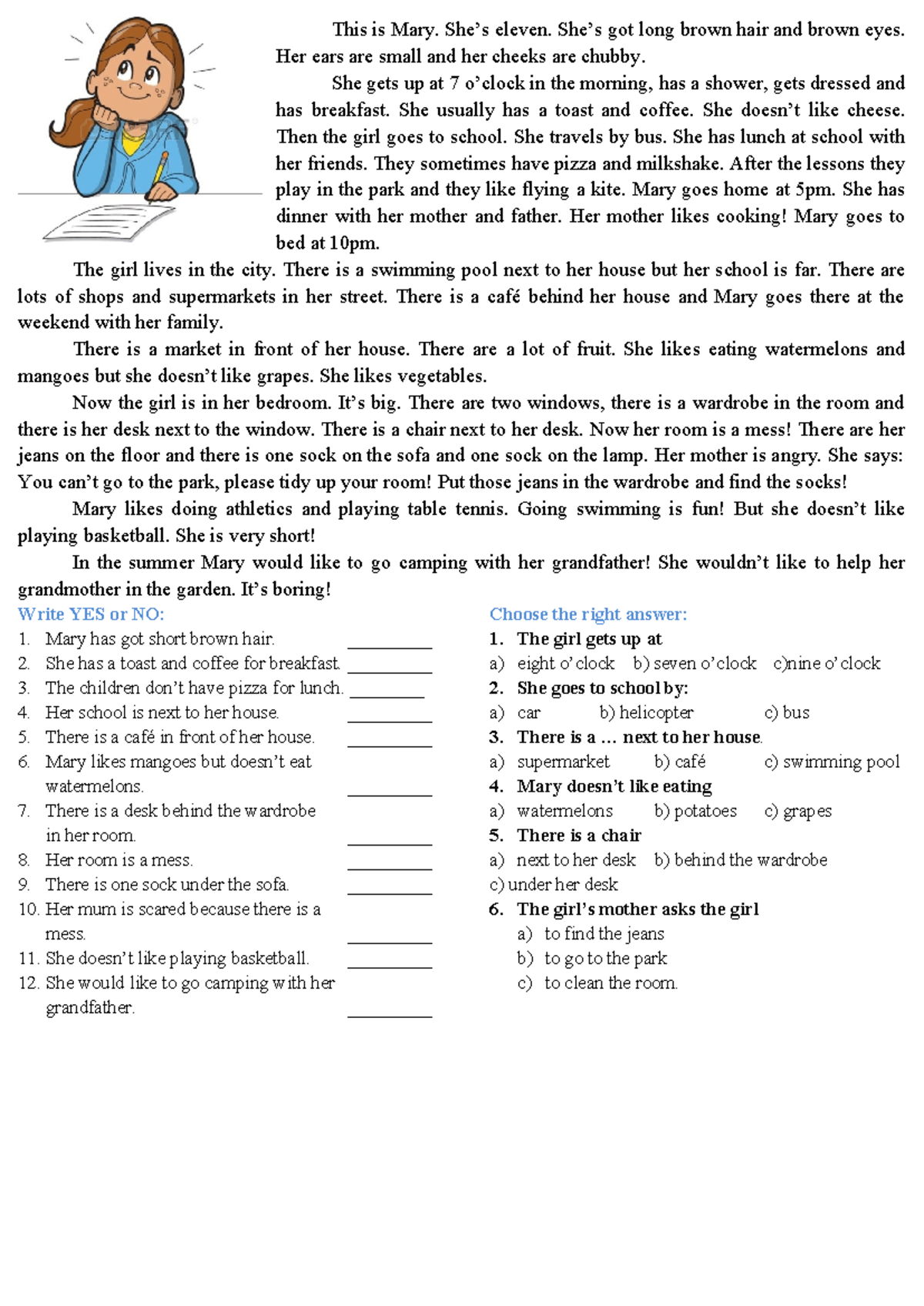 Reading-comprehension-tests 83653 - This is Mary. She’s eleven. She’s ...