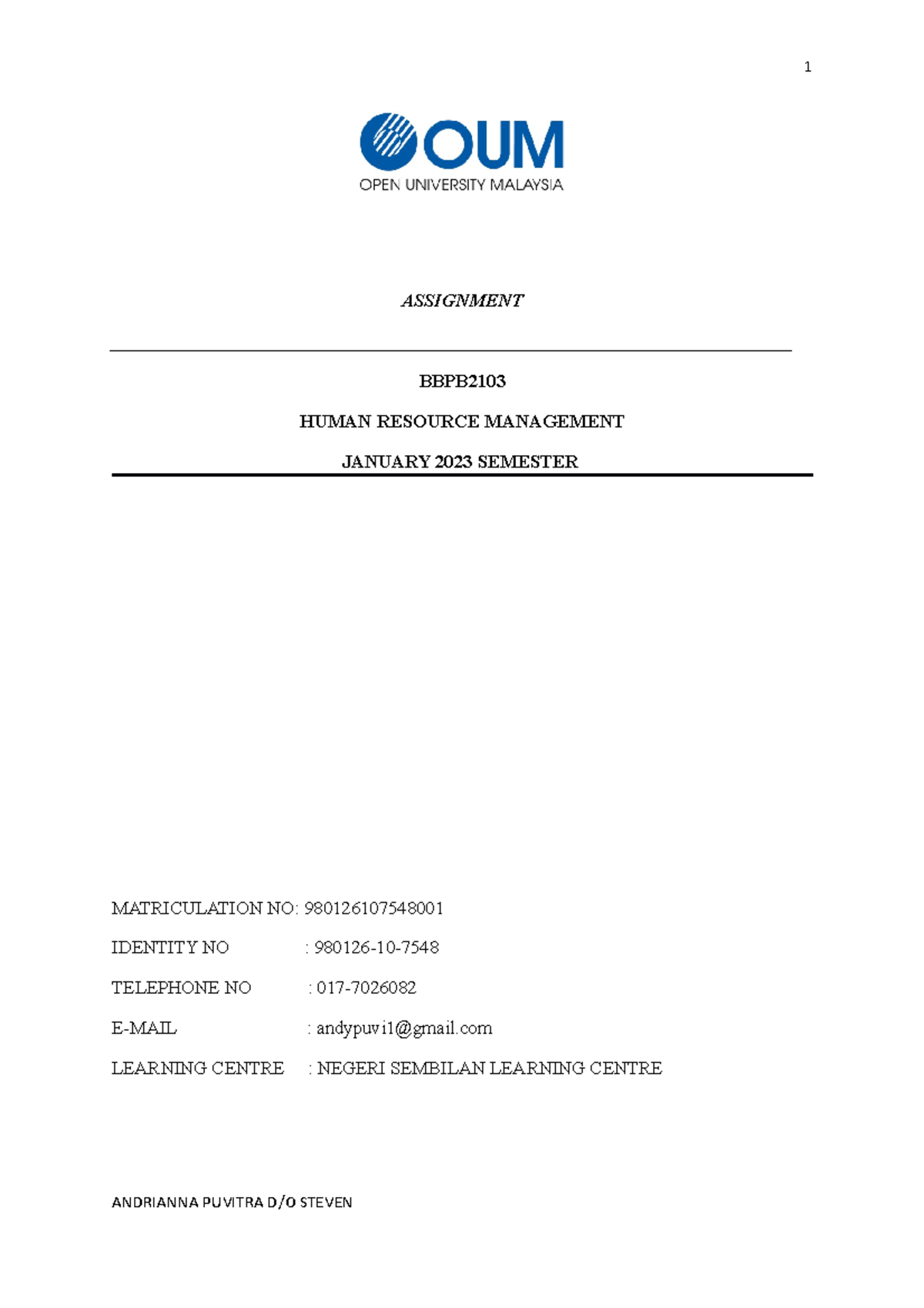 Assignment hr - Human Resource Management - OUM - Studocu