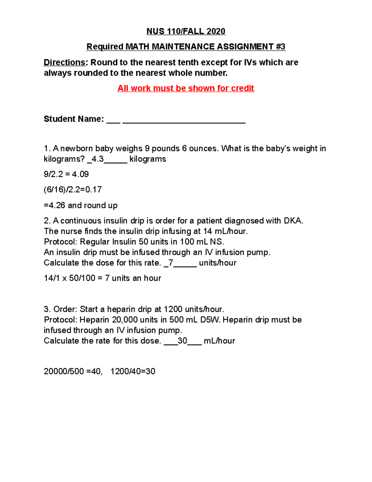 NURS 110 - MATH Maintenance 3 - NUS 110/FALL 2020 Required MATH ...
