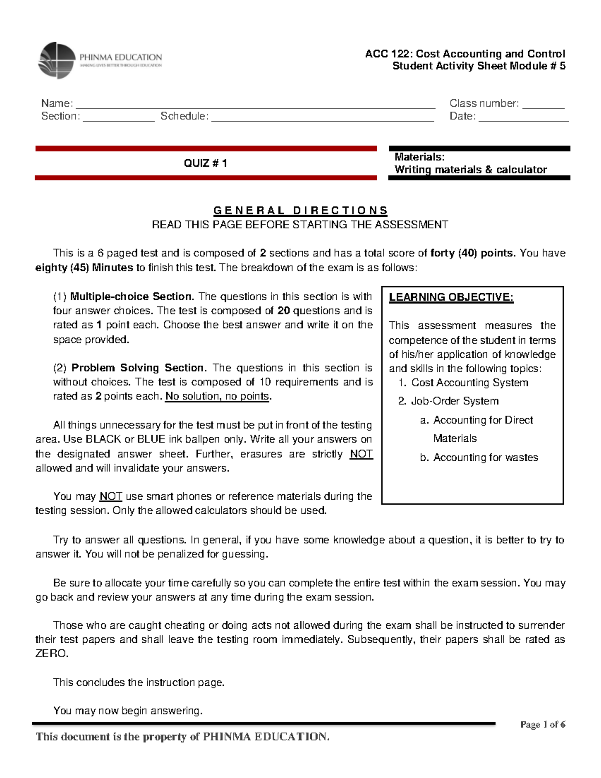 ACC 122 SAS DAY 5 - QUIZ - Materials - Student Activity Sheet Module ...
