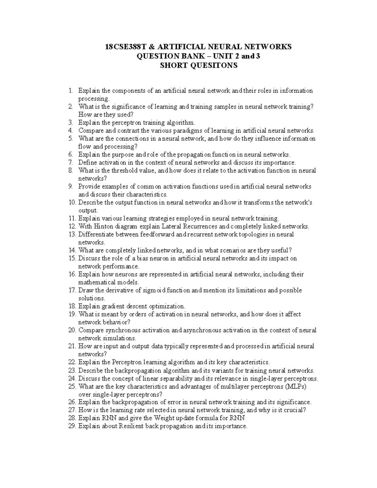 ANN UNIT 2 AND 3 QB - 18CSE388T & ARTIFICIAL NEURAL NETWORKS QUESTION BANK – UNIT 2 and 3 SHORT ...