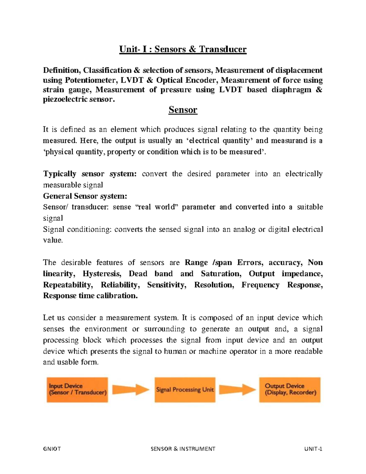 PPT notes of unit - 1 - Unit- I : Sensors & Transducer Definition ...