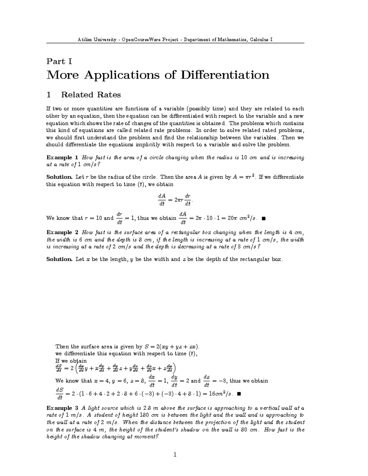 Applications of Derivatives - Calc I - Part I More Applications of Di ...