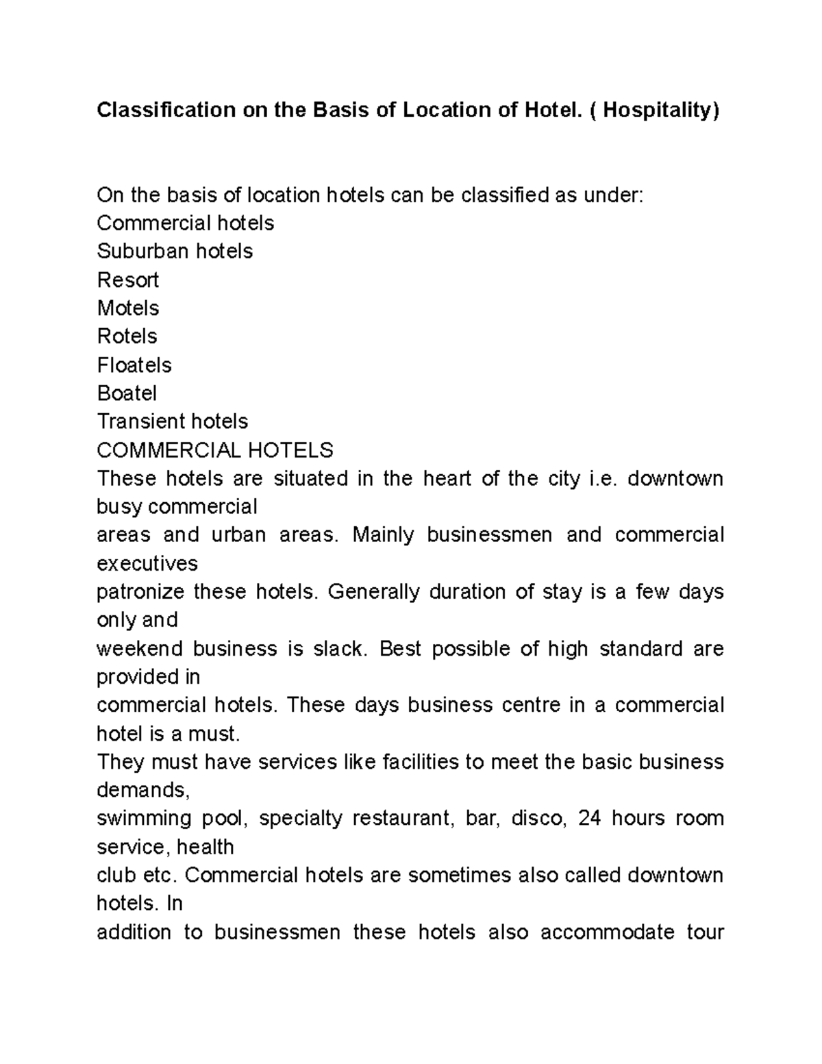 Classification on the Basis of Location of Hotel hospitality ...