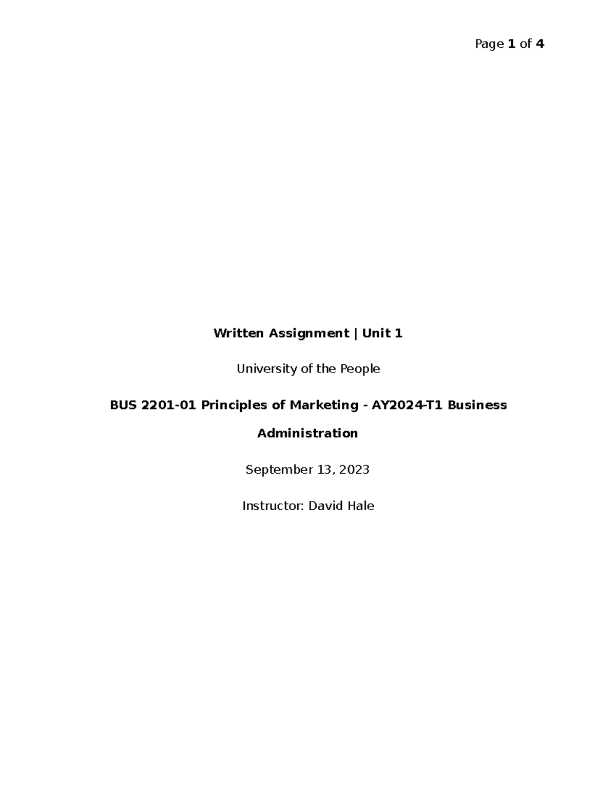 Written Assignment 1 - Marketing - Written Assignment | Unit 1 University of the People BUS 2201 ...