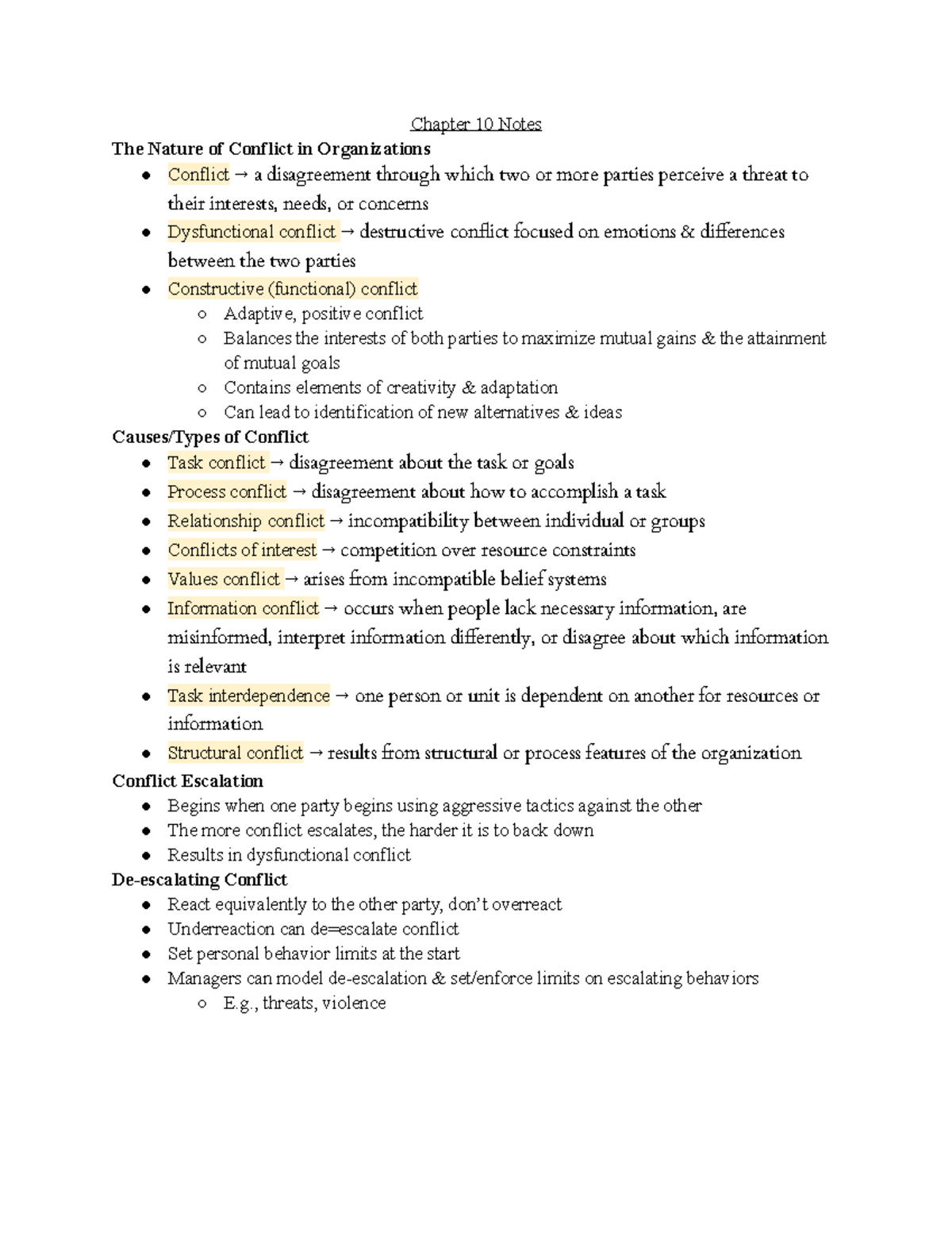 Chapter 10 - managing conflict & negotiating (1) - Chapter 10 Notes The ...