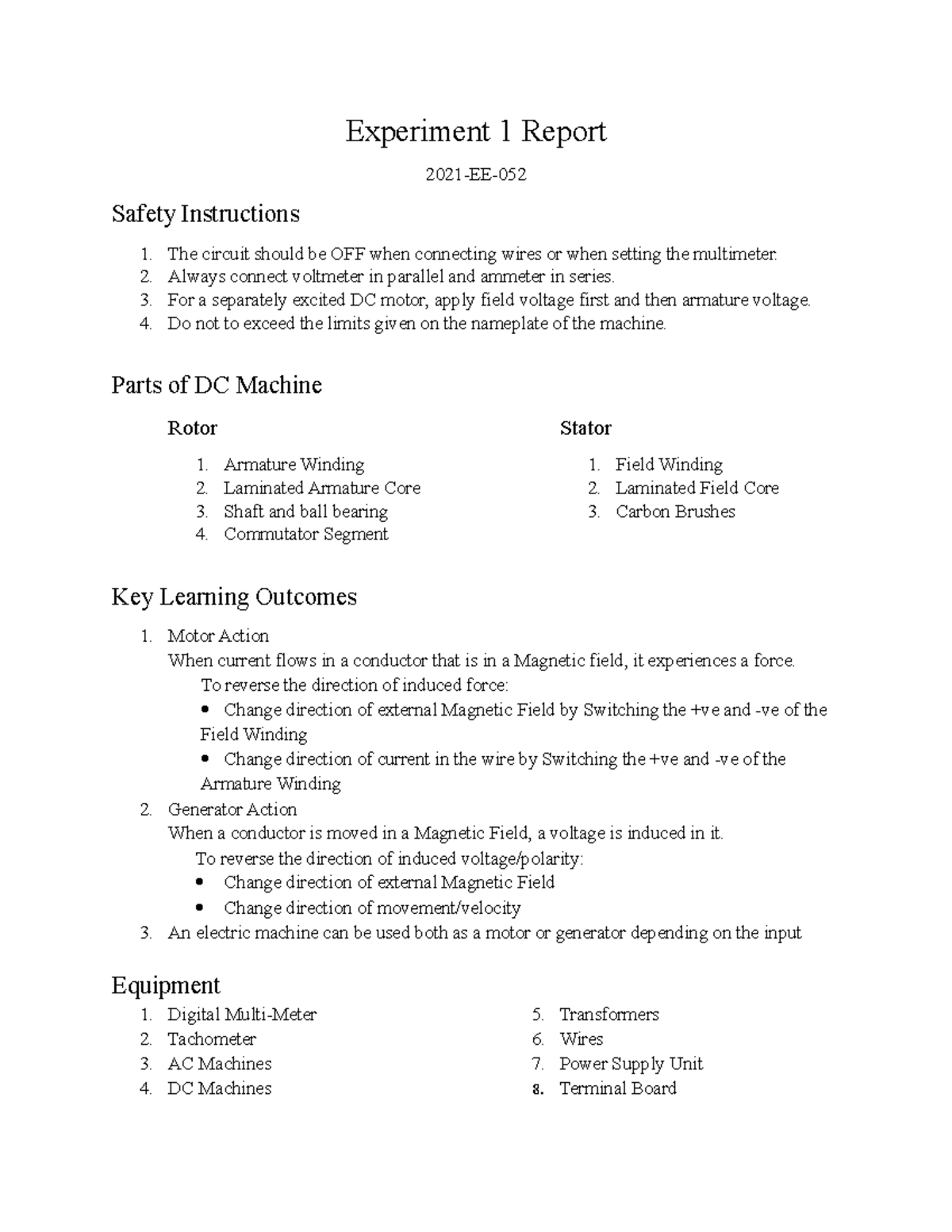 E1 - Experiment 1 - Experiment 1 Report 2021-EE- Safety Instructions ...