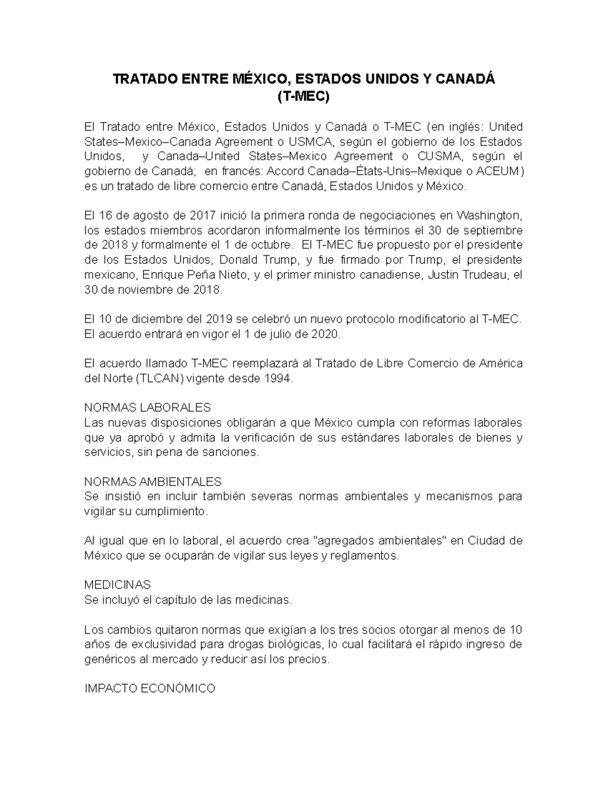 Resumen TMEC - TRATADO ENTRE MÉXICO, ESTADOS UNIDOS Y CANADÁ (T-MEC) El ...