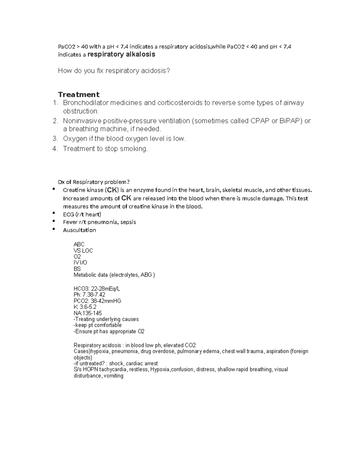 Respiratory check list with problem - PaCO2 > 40 with a pH