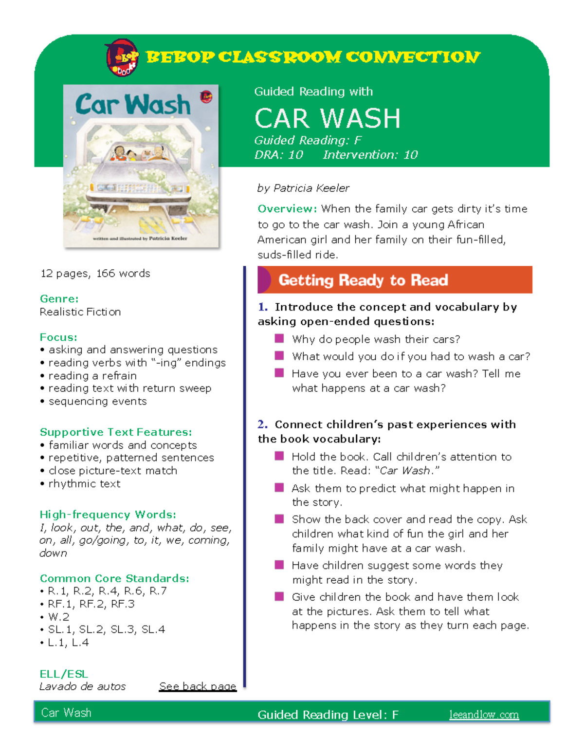 Car Wash New Bebop 2015 PDF - Guided Reading with CAR WASH Guided ...