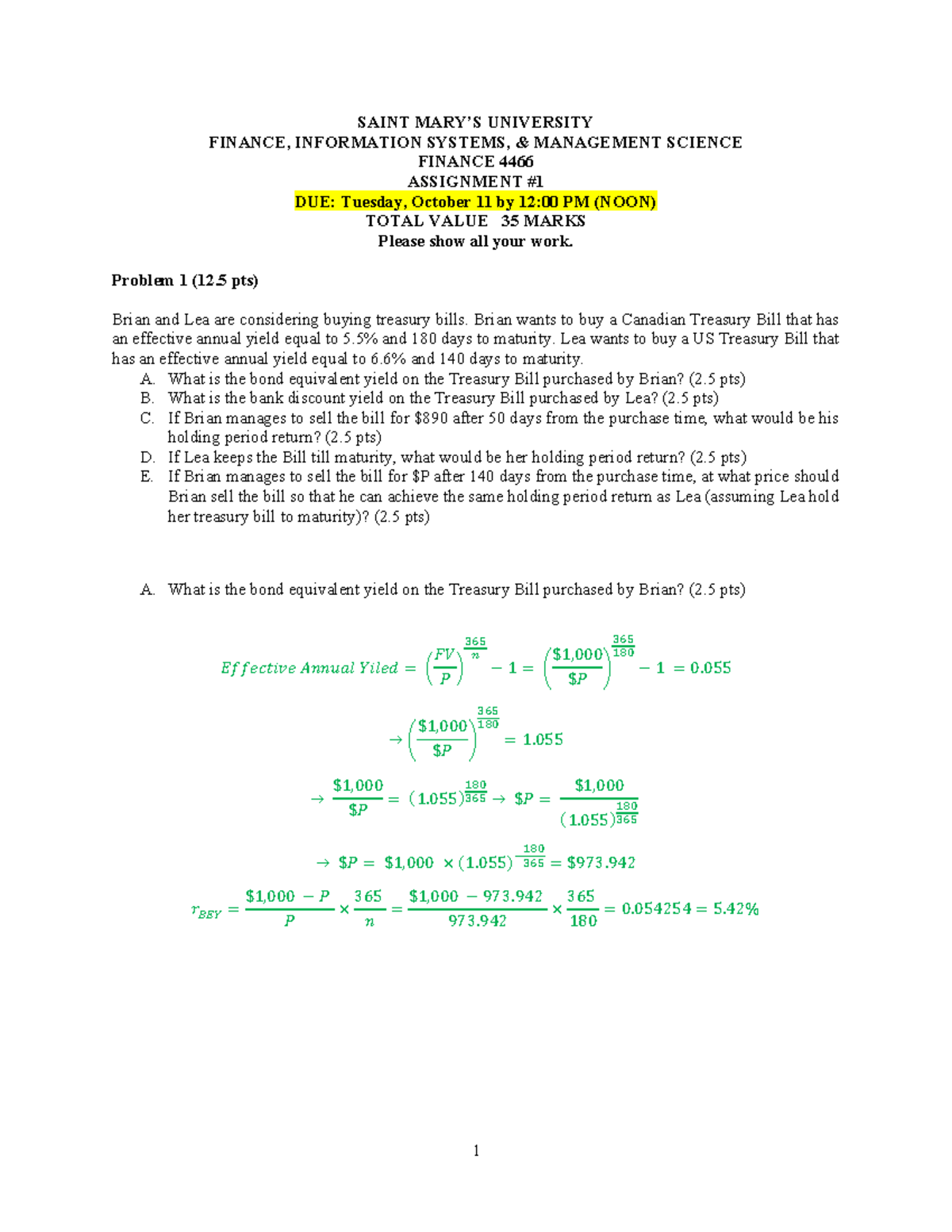 FINA4466 F2022 Assignment 1 soln - SAINT MARY’S UNIVERSITY FINANCE ...
