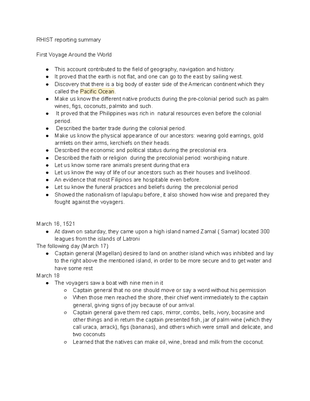 Rhist summary - RHIST reporting summary First Voyage Around the World ...