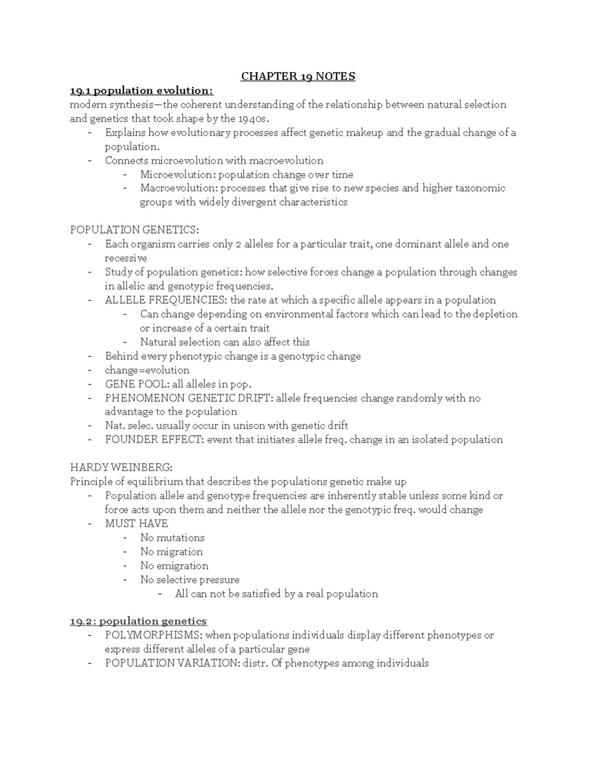 Ch. 19 Notes - CHAPTER 19 NOTES 19 population evolution: modern ...
