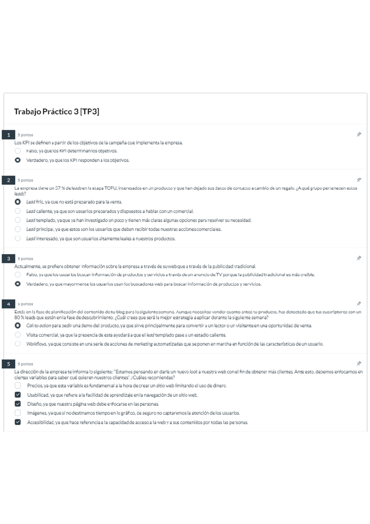 TP3 95% - Marketing Digital - Trabajo Práctico 3 1 5 puntos Los KPI se definen a partir de los ...