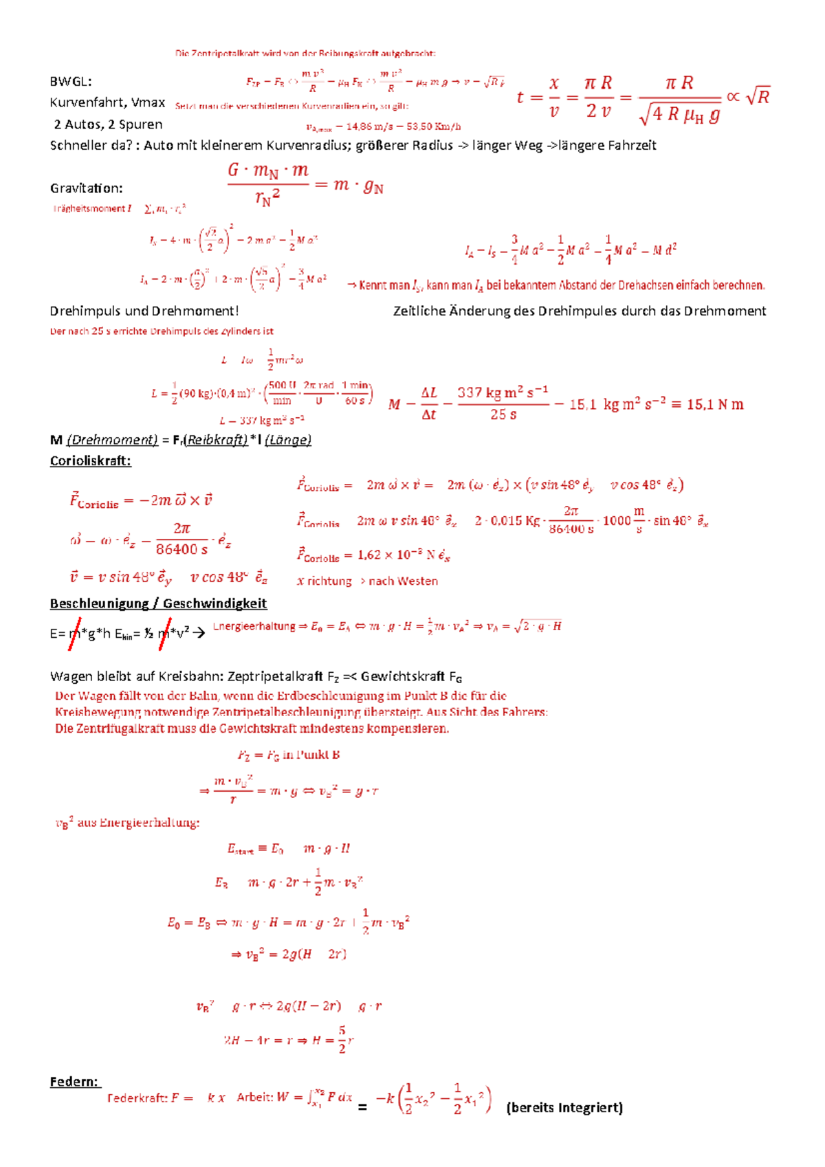 Formelsammlung Physik - BWGL: Kurvenfahrt, Vmax: 2 Autos, 2 Spuren ...