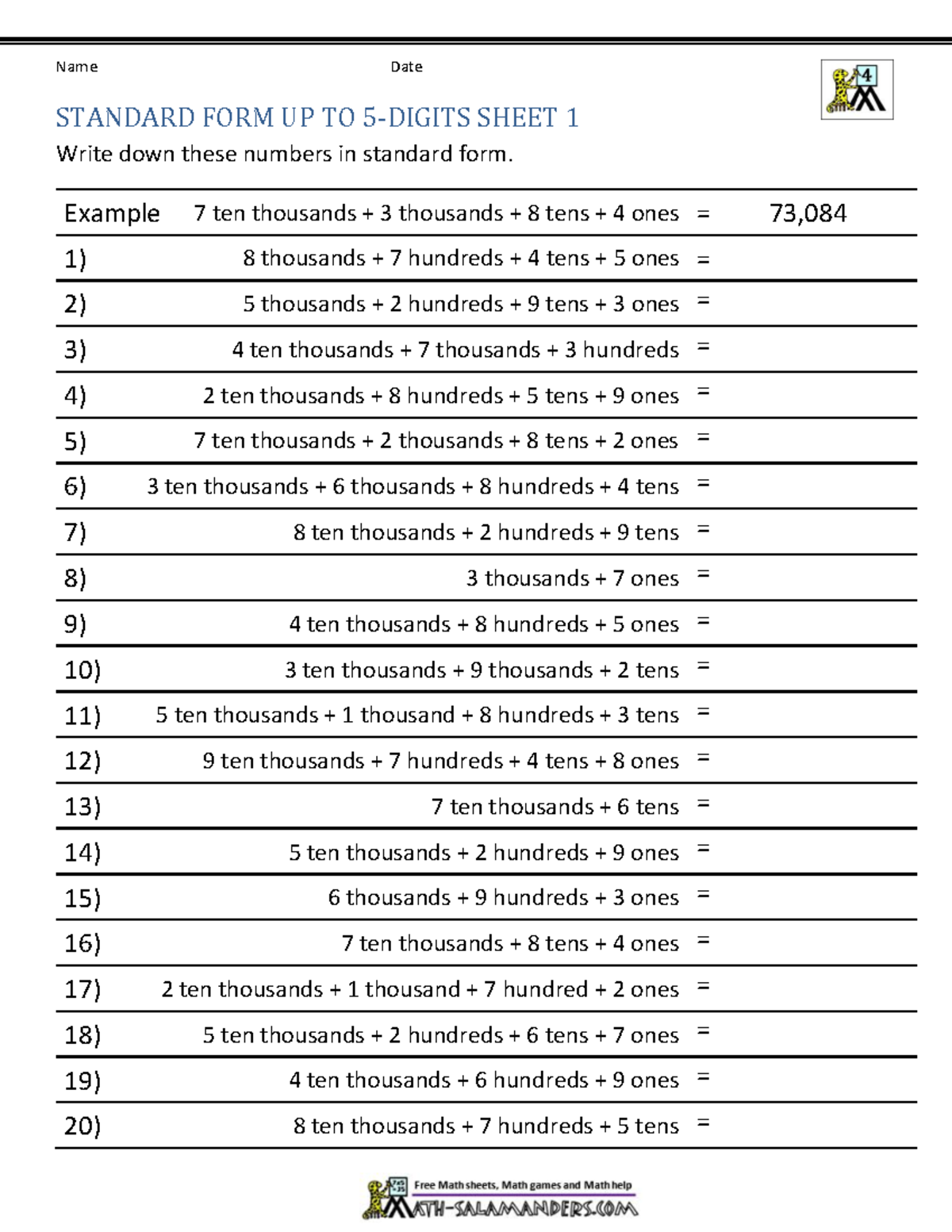 Standard form up to 5 digits 1 - Name Date STANDARD FORM UP TO 5 ...