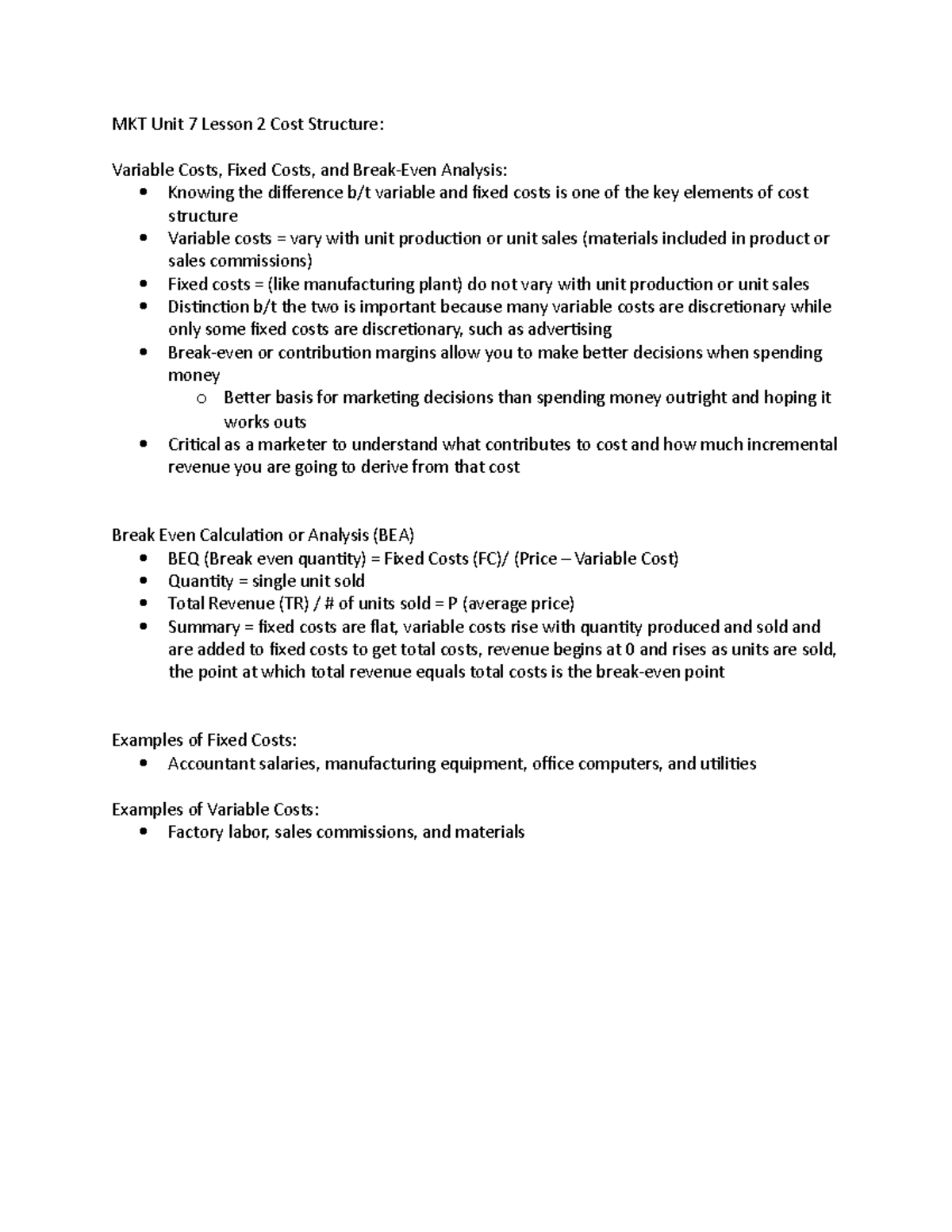 MKT Unit 7 Lesson 2 Cost Structure - MKT Unit 7 Lesson 2 Cost Structure ...