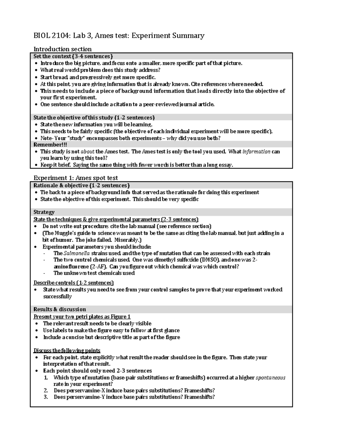 Lab 3 - Experiment Summary Instructions, 2023 - BIOL 2104: Lab 3, Ames ...