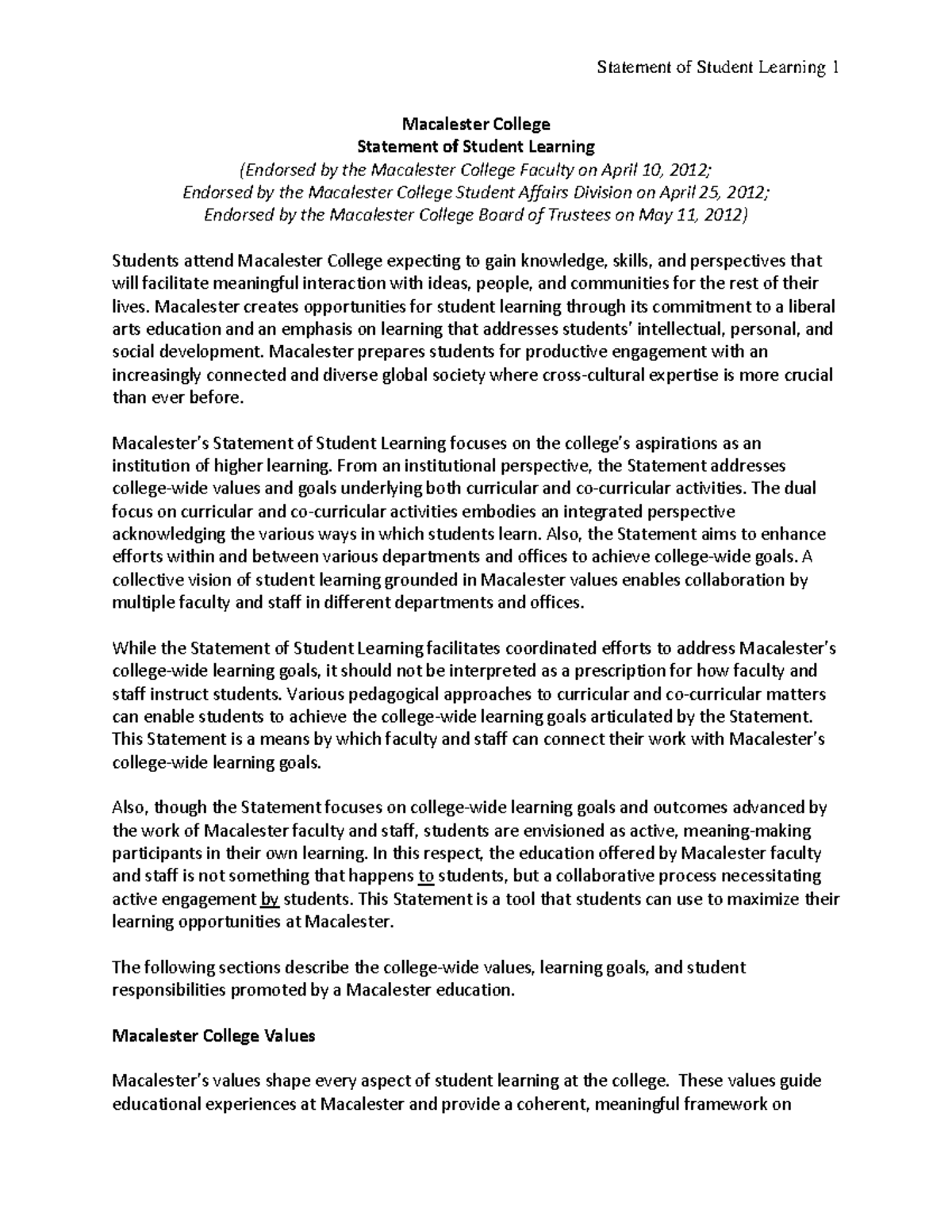 Macalester College Statement of Student Learning 2012 0904 - Macalester ...