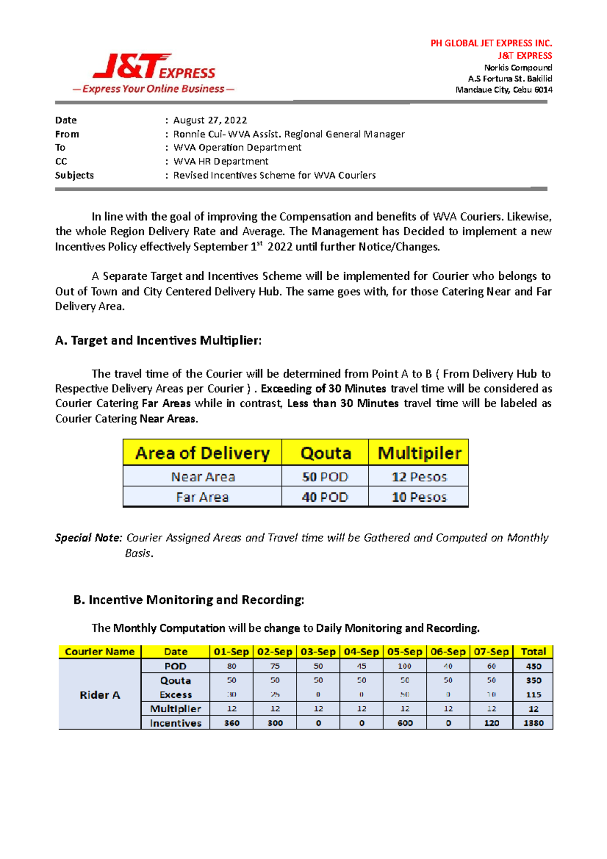 New Incentives Policy Memo Sept - PH GLOBAL JET EXPRESS INC. J&T ...