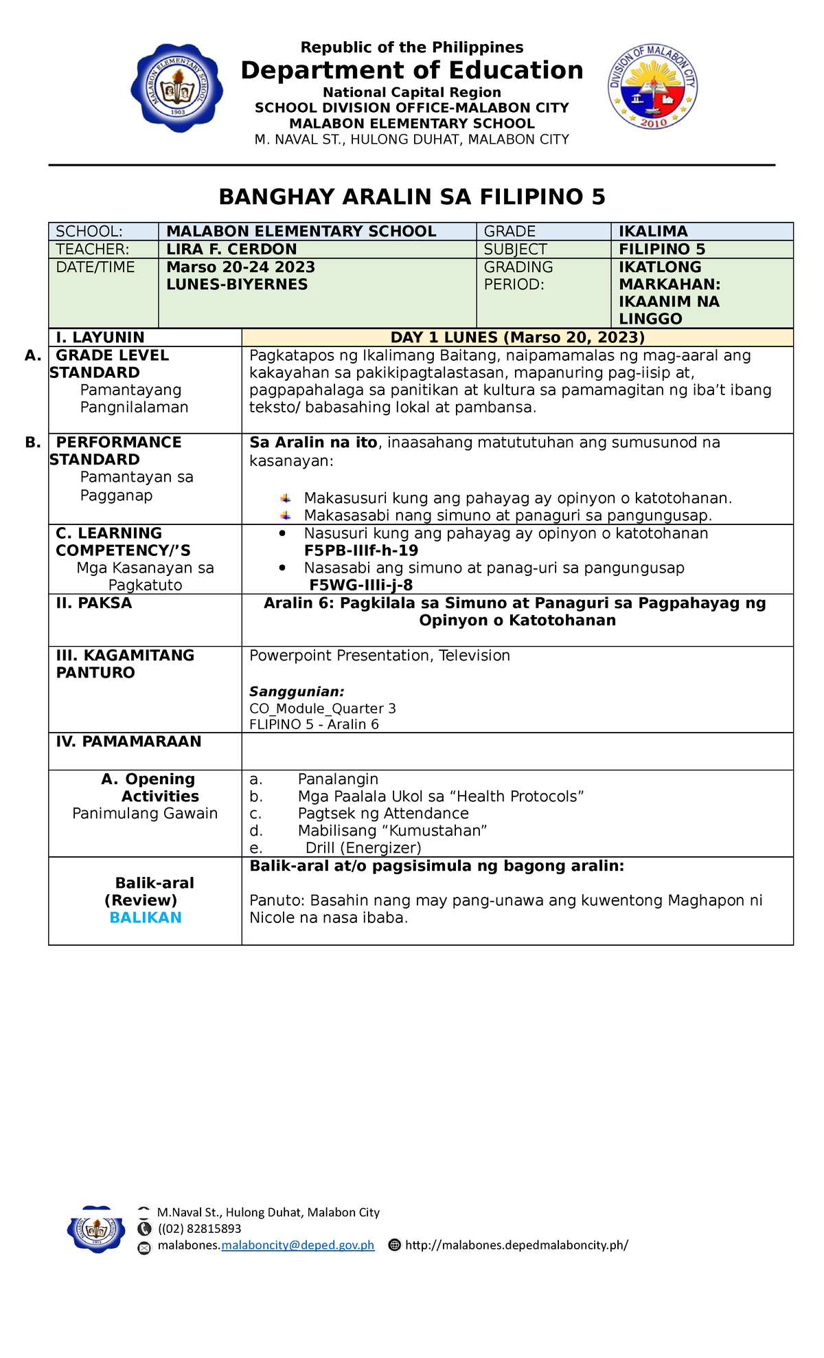 DLP-Q3-W6- Filipino 5 - detailed lesson plan - Department of Education ...