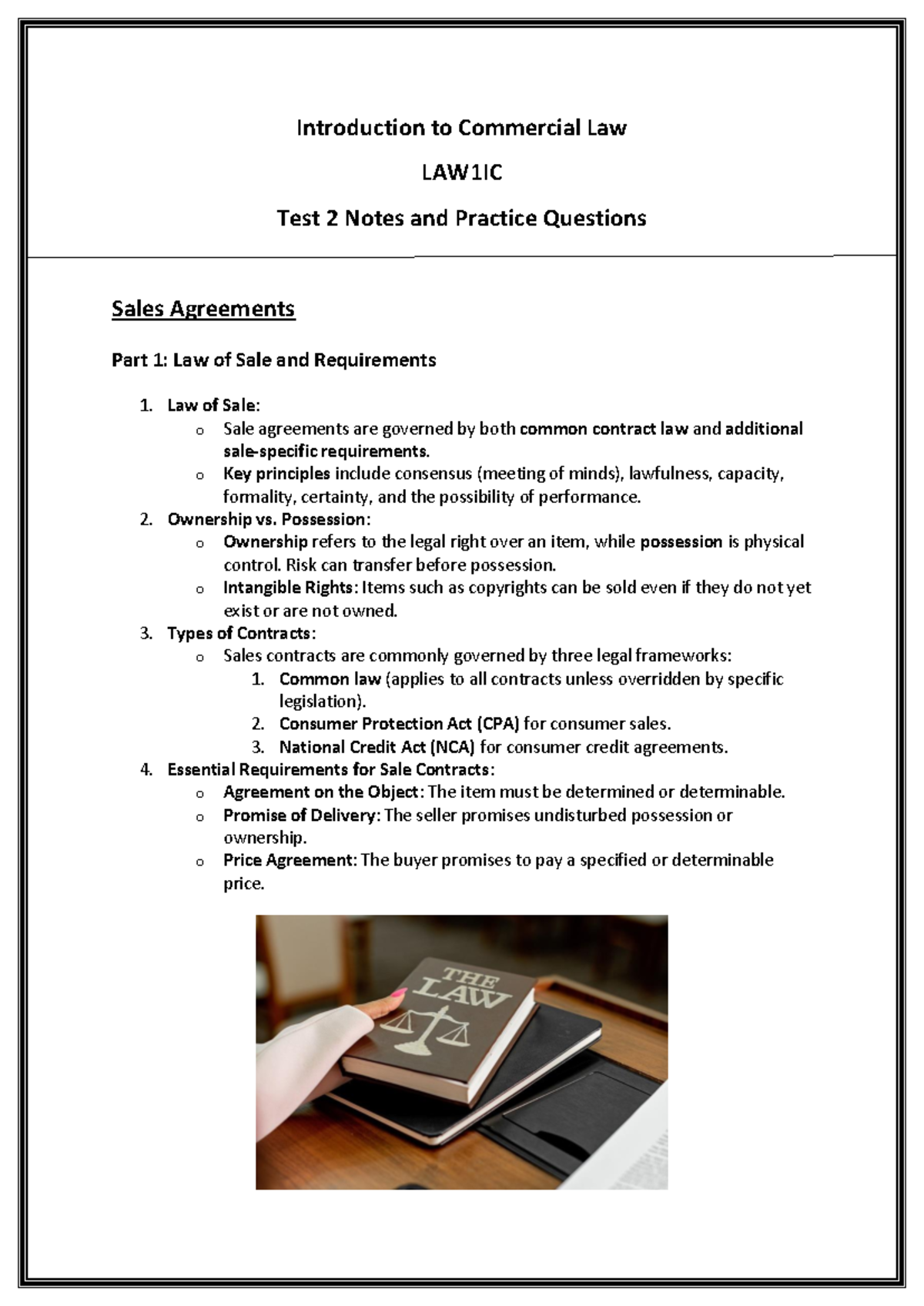LAW1IC Test 2 Notes - summary - Introduction to Commercial Law LAW1IC ...