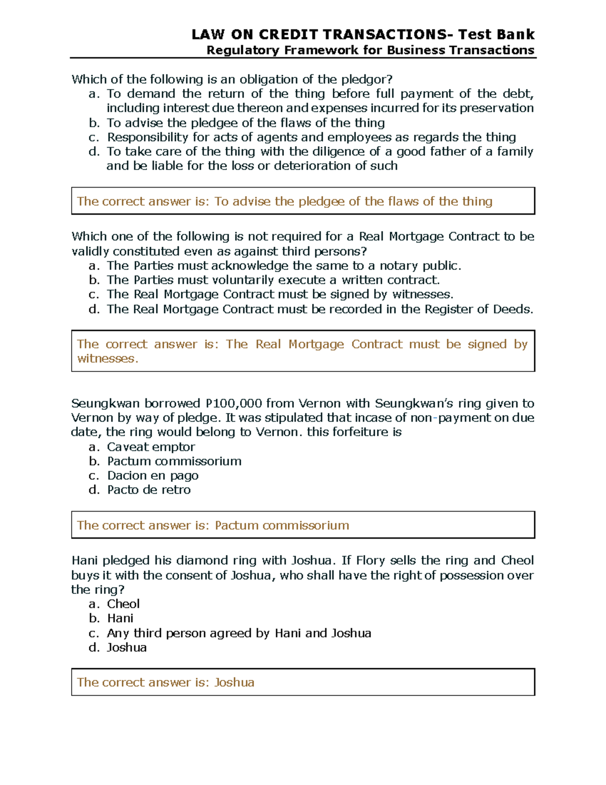 Law on Credit Transactions Test Bank and Codal Provisions - Regulatory ...