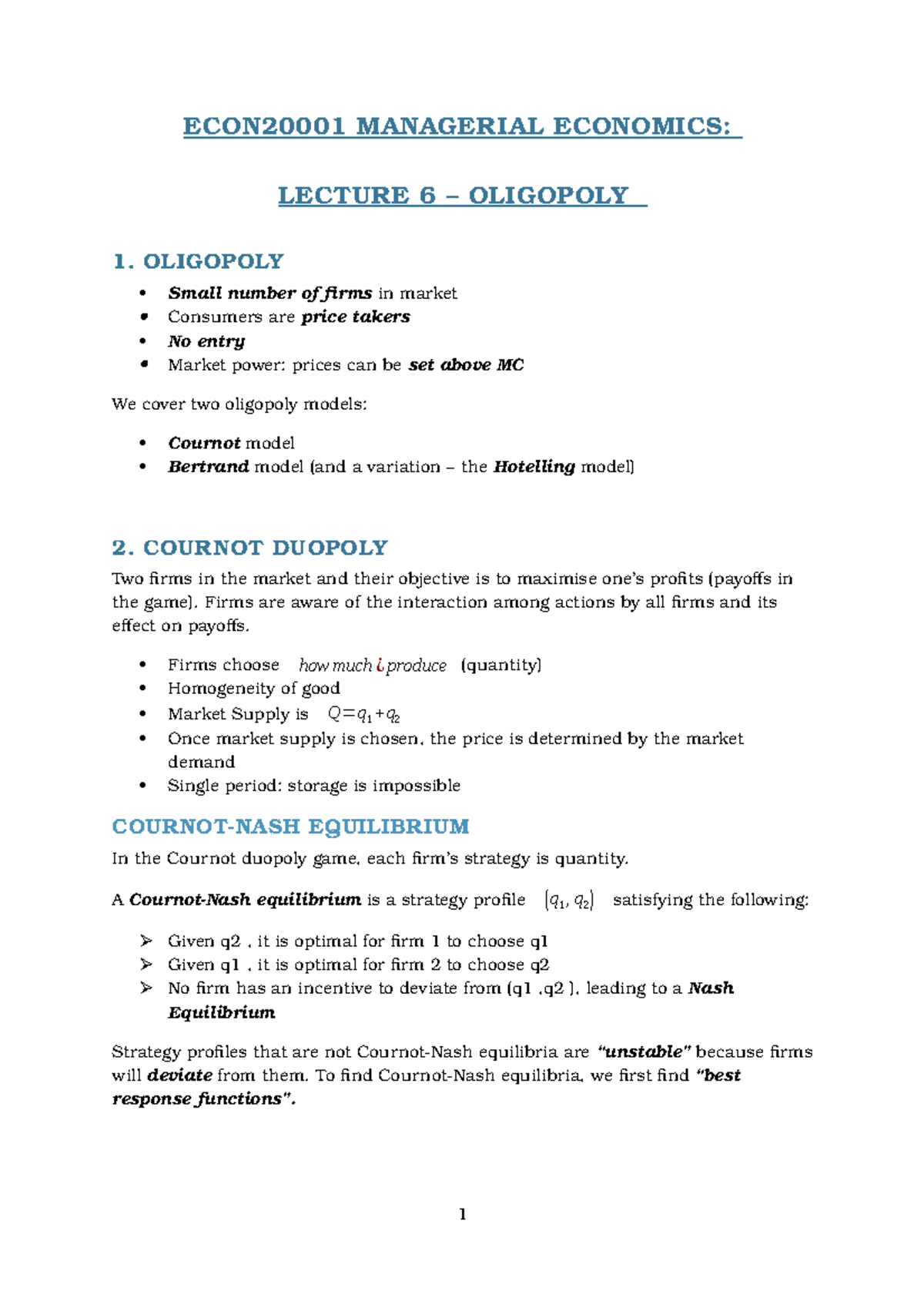 Oligopoly - ECON20001 MANAGERIAL ECONOMICS: LECTURE 6 – OLIGOPOLY 1 ...