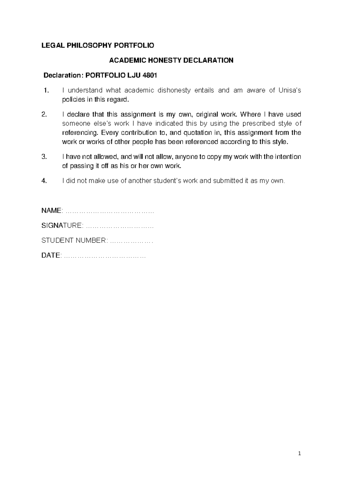 LJU 4801 Portfolio Exam - LEGAL PHILOSOPHY PORTFOLIO ACADEMIC HONESTY ...