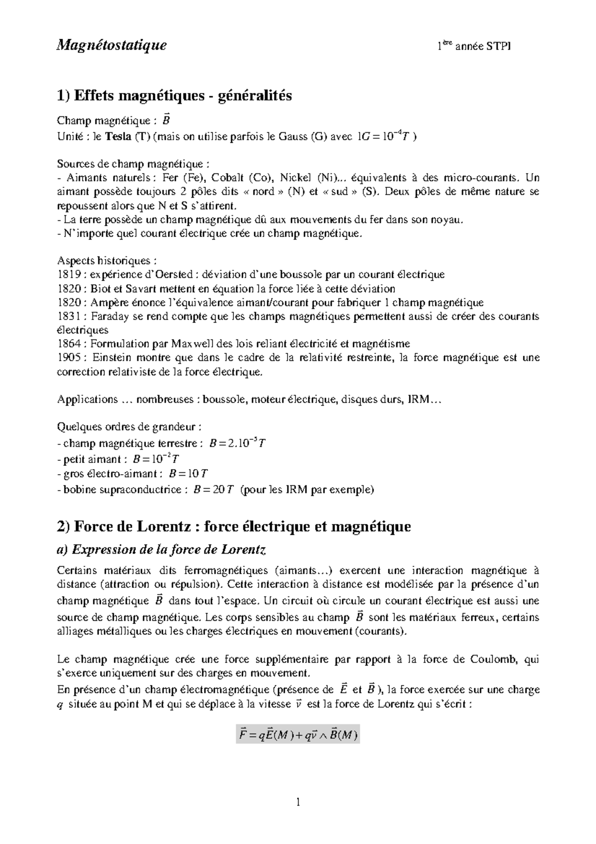 03 - Magnétostatique - 1) Effets magnétiques - généralités Champ ...
