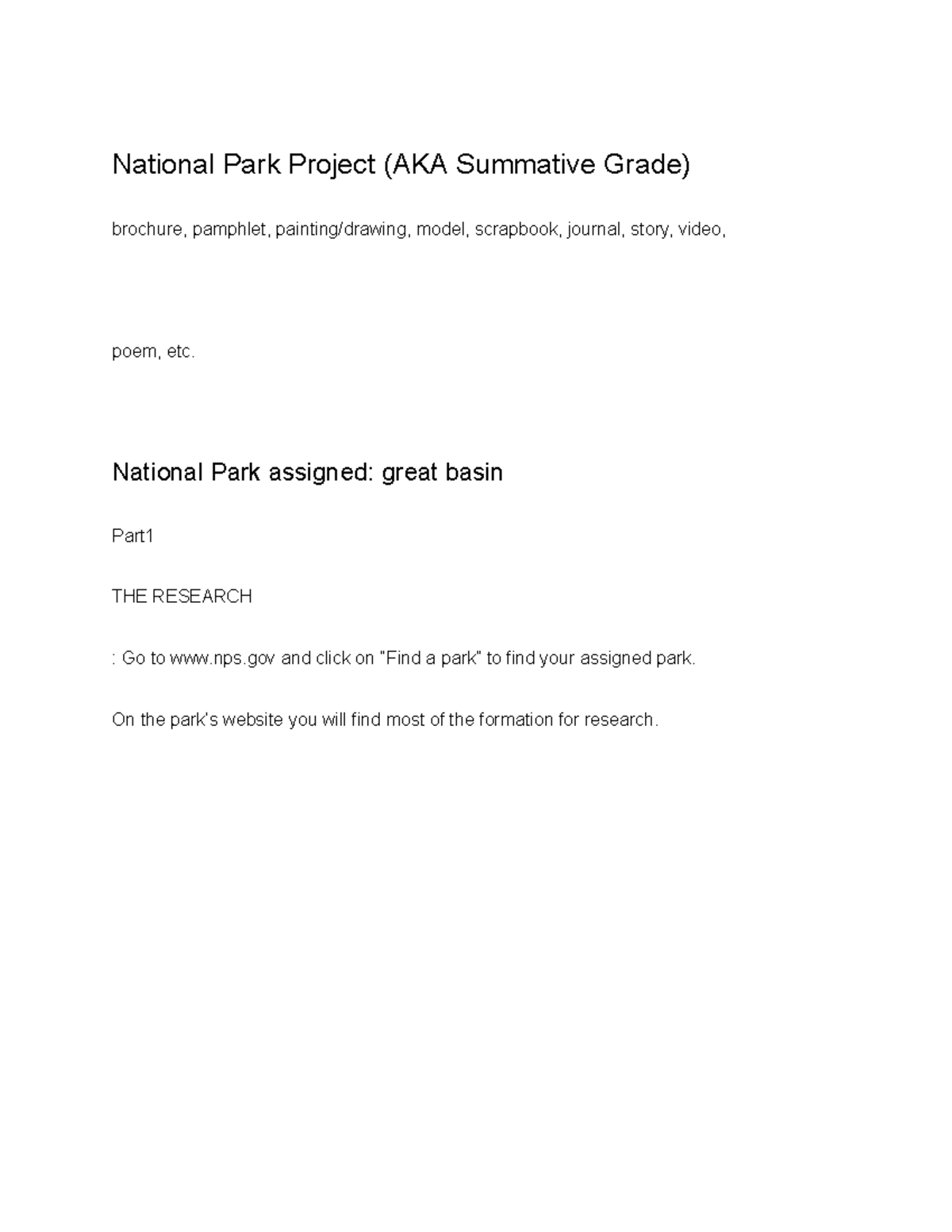 Great basin notes - National Park Project (AKA Summative Grade ...