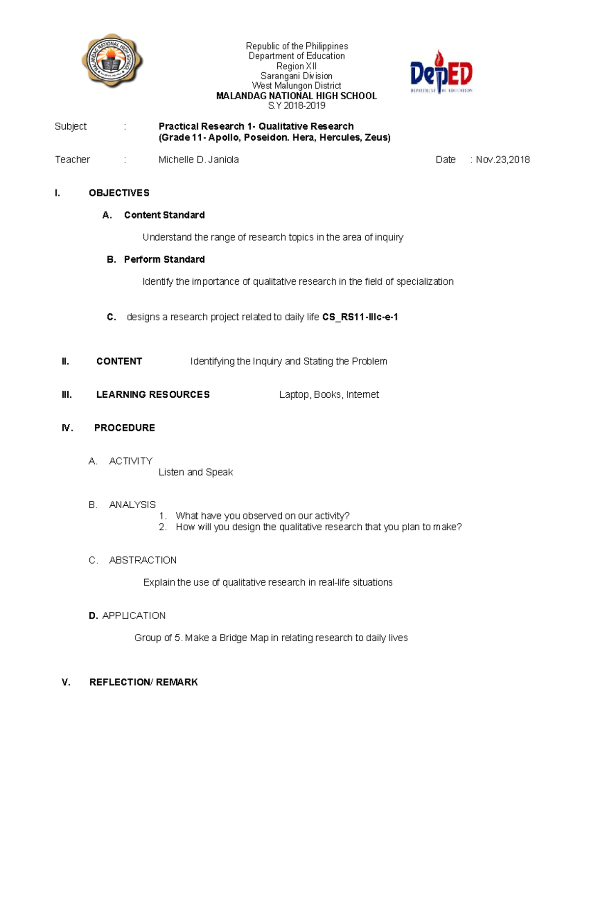 LP-Nov.23, 2018- Prac1 - Republic of the Philippines Department of Education Region XII ...