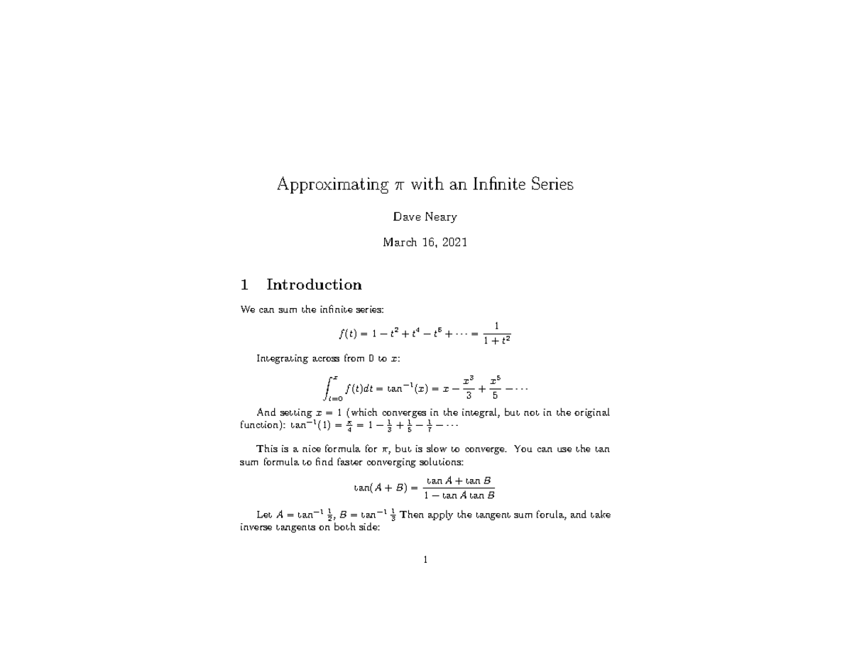 Approximations of pi - Approximatingπ with an Infinite Series Dave ...