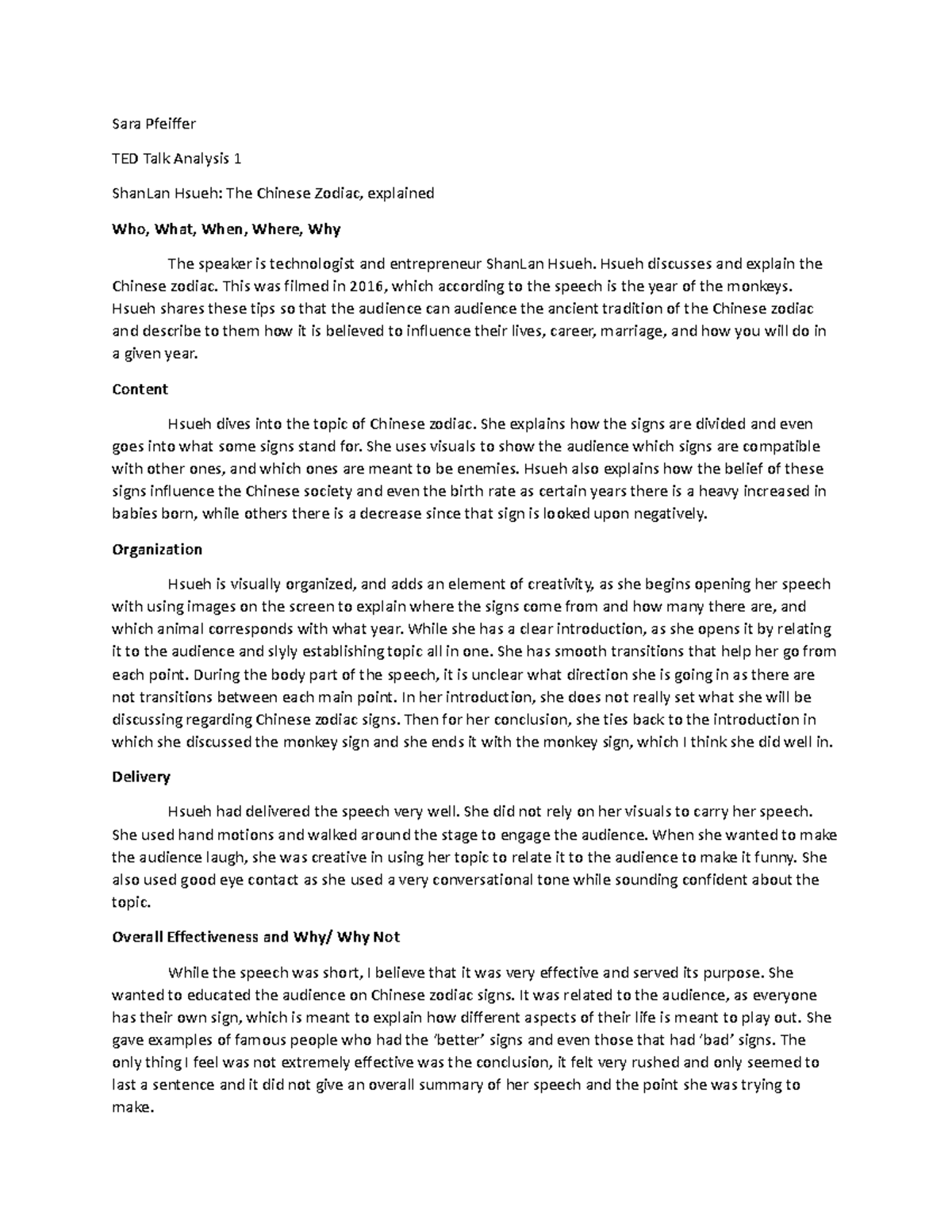 Sample speech ted talk - Sara Pfeiffer TED Talk Analysis 1 ShanLan ...