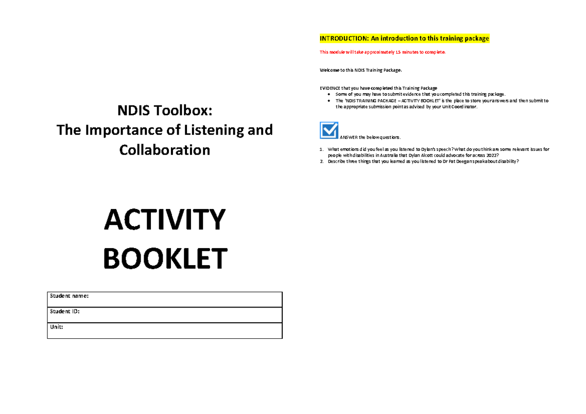 NDIS toolbox - Activity Booklet - NDIS Toolbox: The Importance of ...