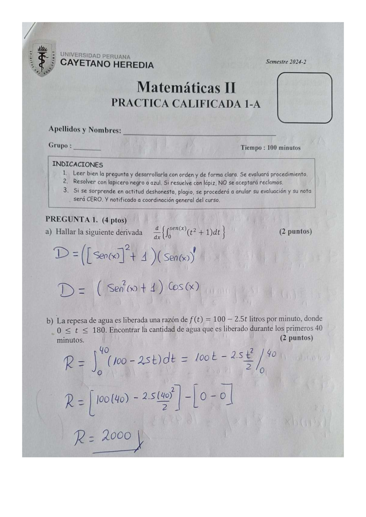 Solucion PC 1A - pc 1 ciclo 2 - UNIVERSIDAD PERUANA CAYETANO HEREDIA Semestre Matemáticas II ...